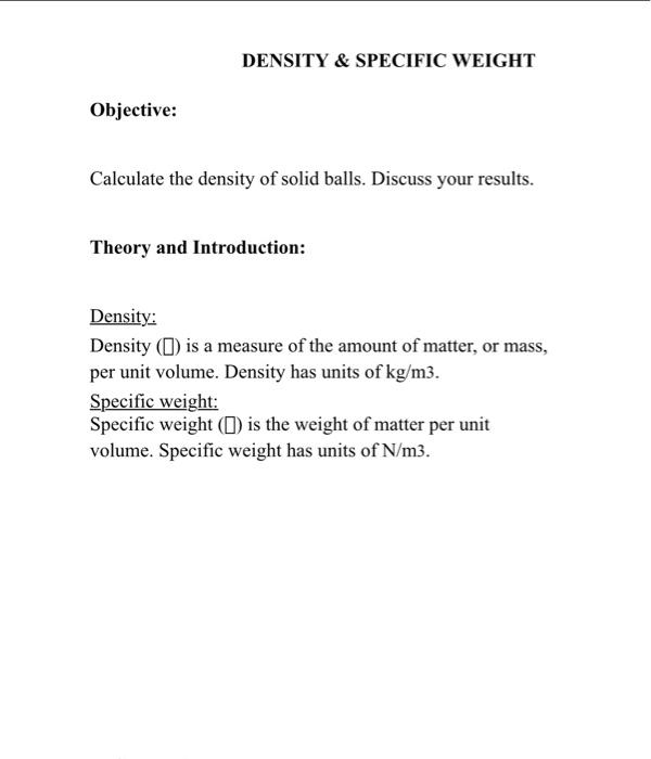 Solved DENSITY & SPECIFIC WEIGHT Objective: Calculate the | Chegg.com