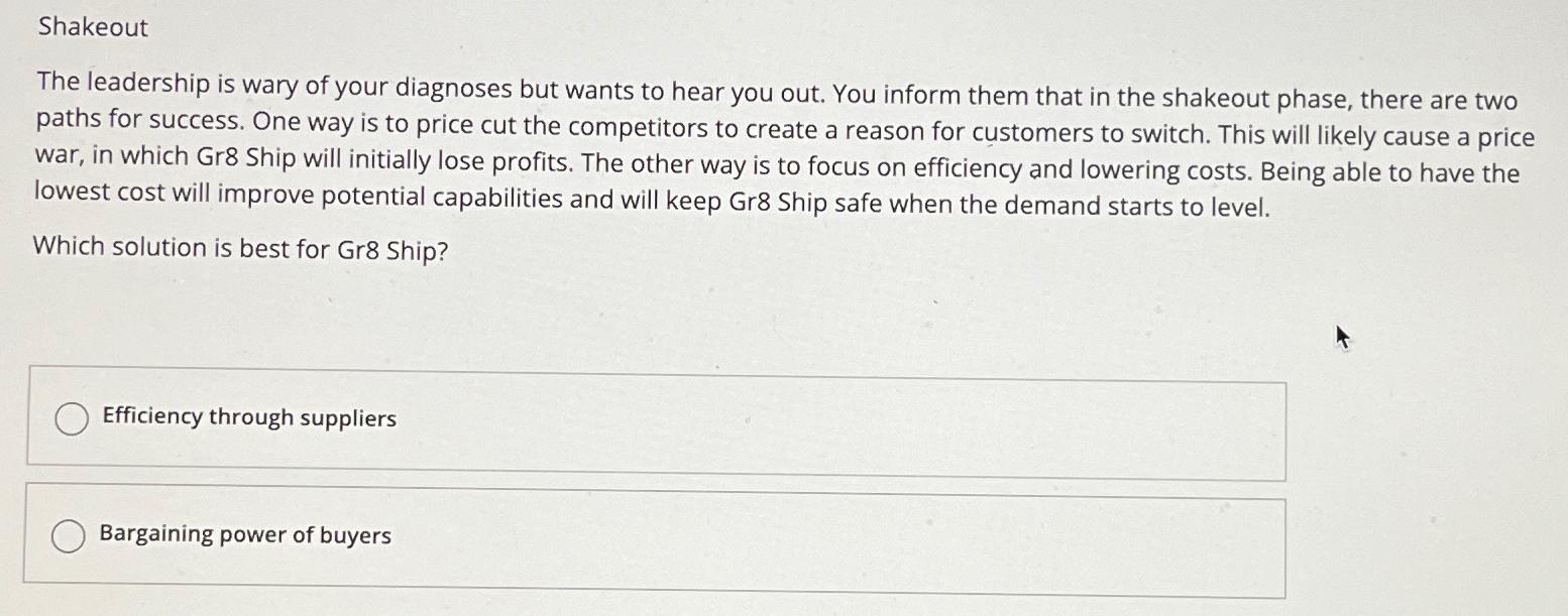 Solved ShakeoutThe leadership is wary of your diagnoses but | Chegg.com