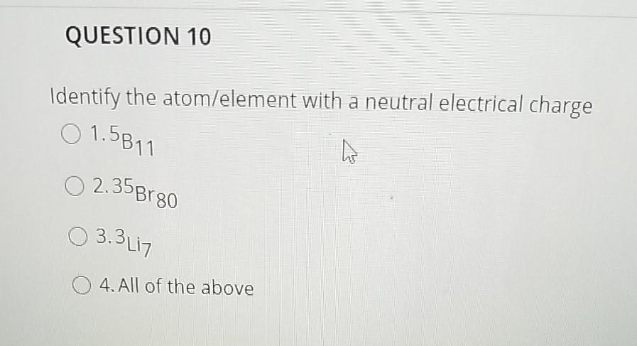 Solved QUESTION 10 Identify the atom/element with a neutral | Chegg.com