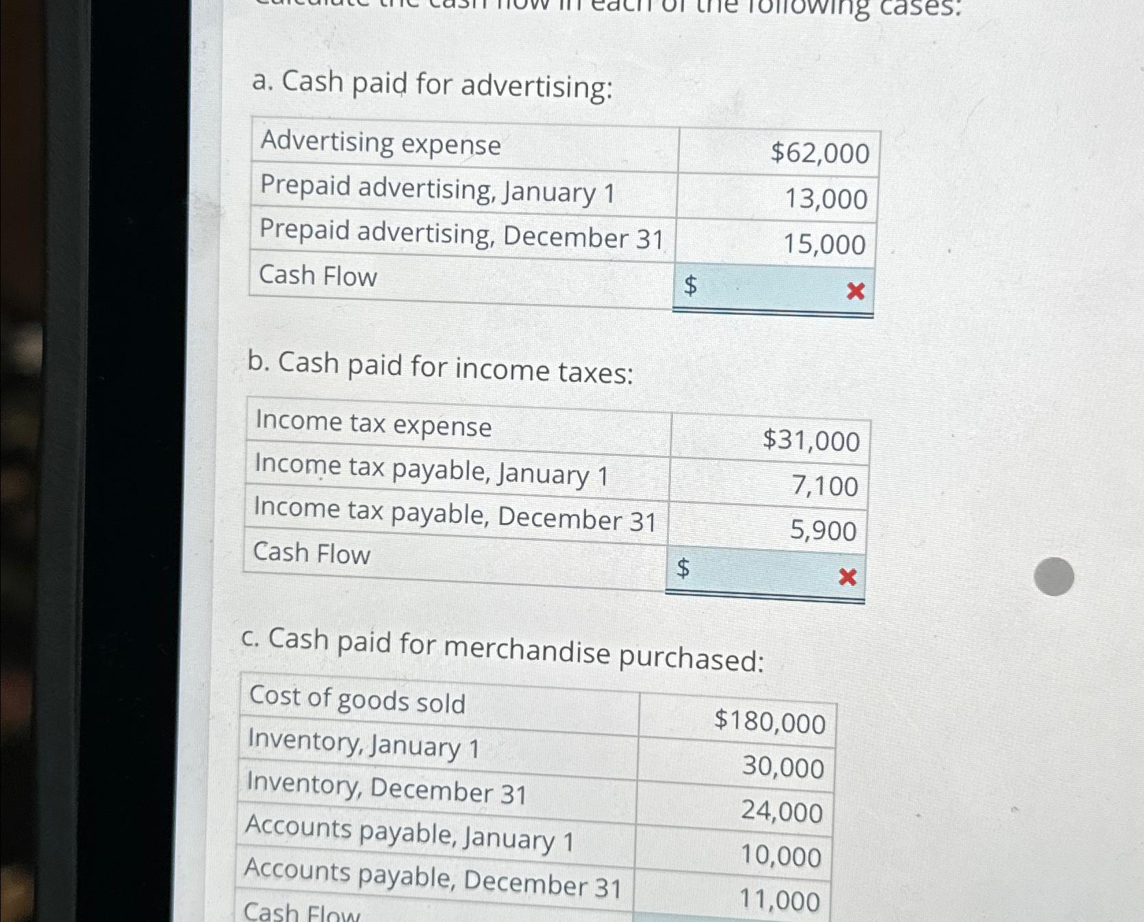 Solved a. ﻿Cash paid for advertising:\table[[Advertising | Chegg.com