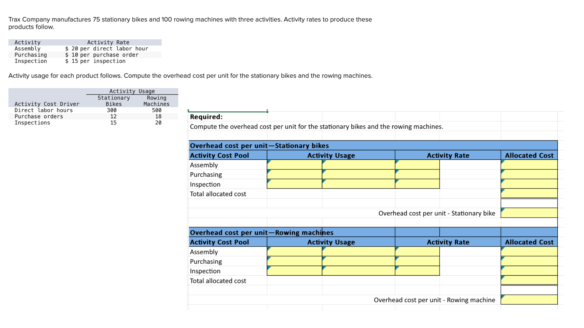 Solved Trax Company manufactures 75 ﻿stationary bikes and | Chegg.com