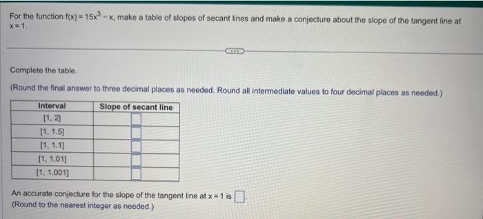 Solved For the function f(x)=15x3−x, make a table of slopes | Chegg.com