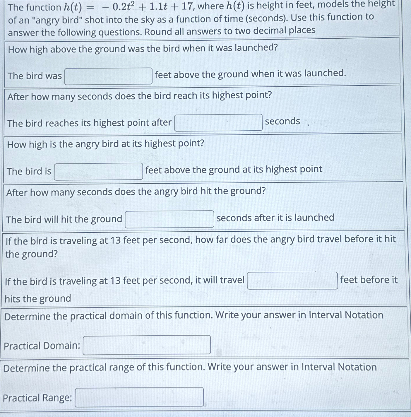 Solved The function h(t)=-0.2t2+1.1t+17, ﻿where h(t) ﻿is | Chegg.com