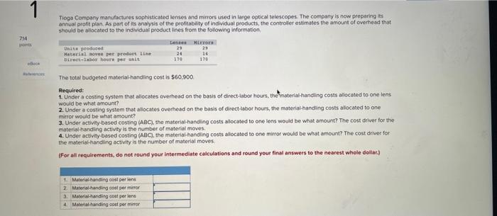 Solved Tioga Compary manufactures sophisticated lenses and | Chegg.com