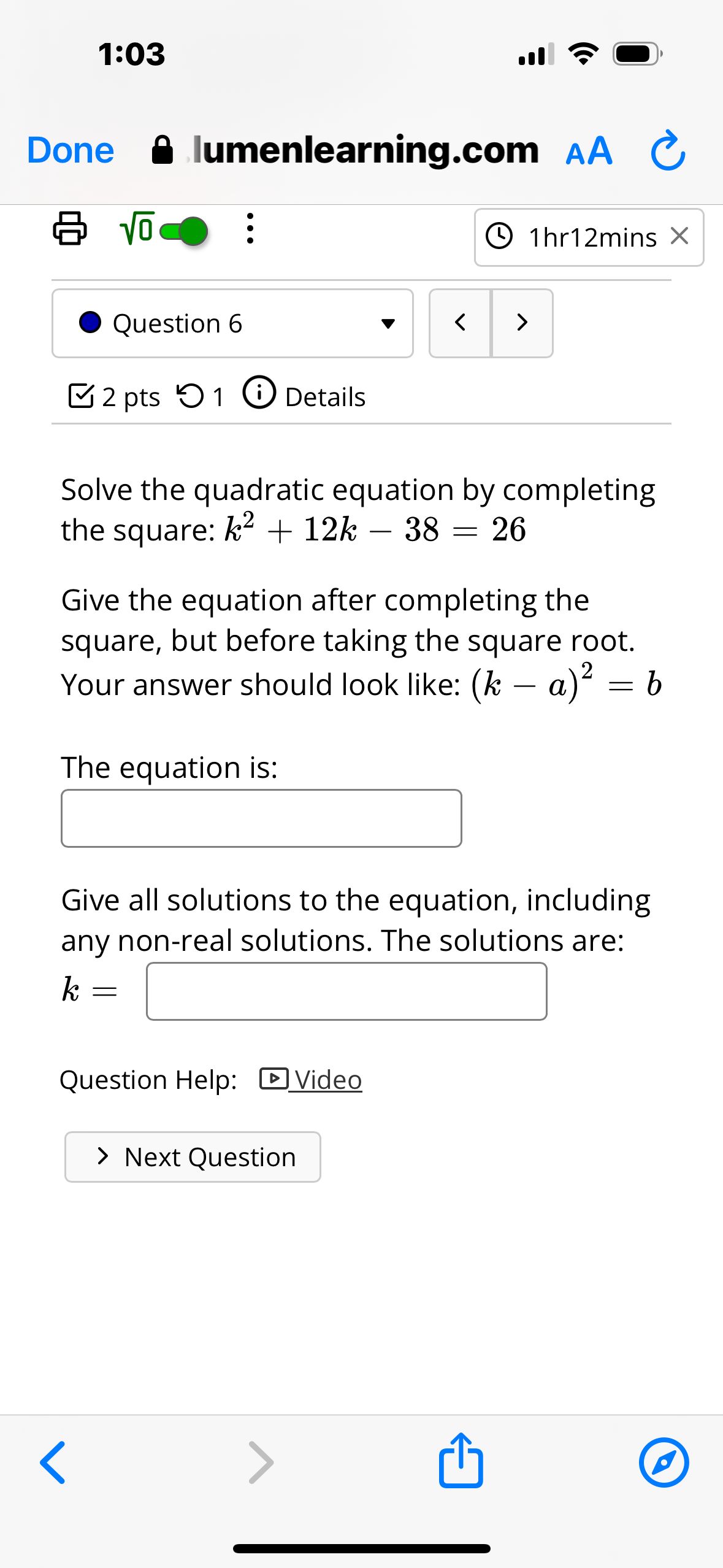 Solved Solve the quadratic equation by completingthe square: | Chegg.com