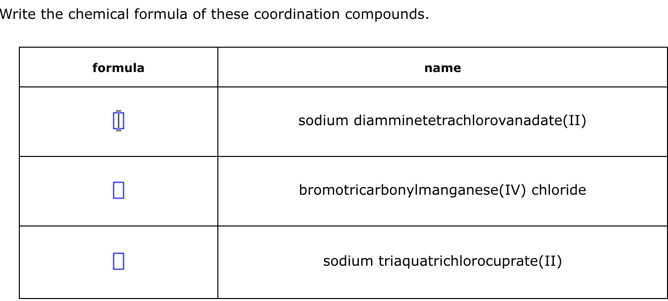 Solved Write the chemical formula of these coordination | Chegg.com