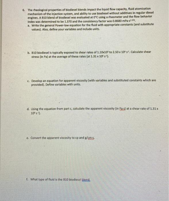Solved 6. The rheological properties of biodiesel blends | Chegg.com