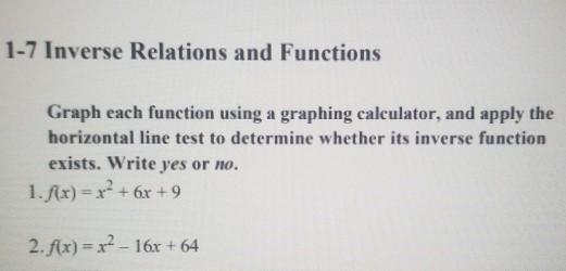 Solved 1-7 Inverse Relations and Functions Graph each | Chegg.com