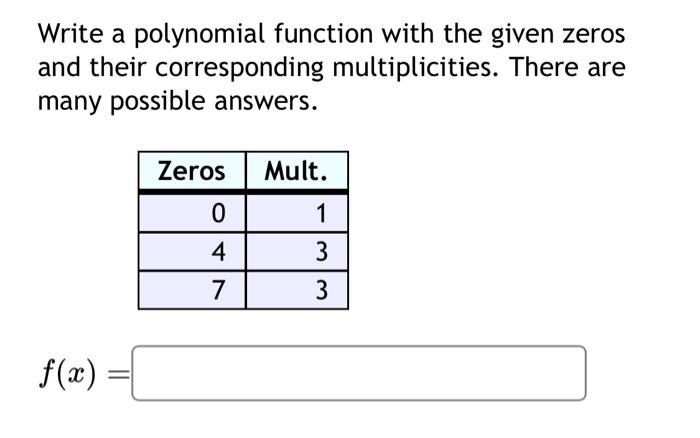 Solved Write a polynomial function with the given zeros and | Chegg.com