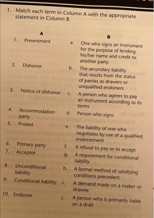 Solved 1. Match each term in Column A with the appropriate | Chegg.com