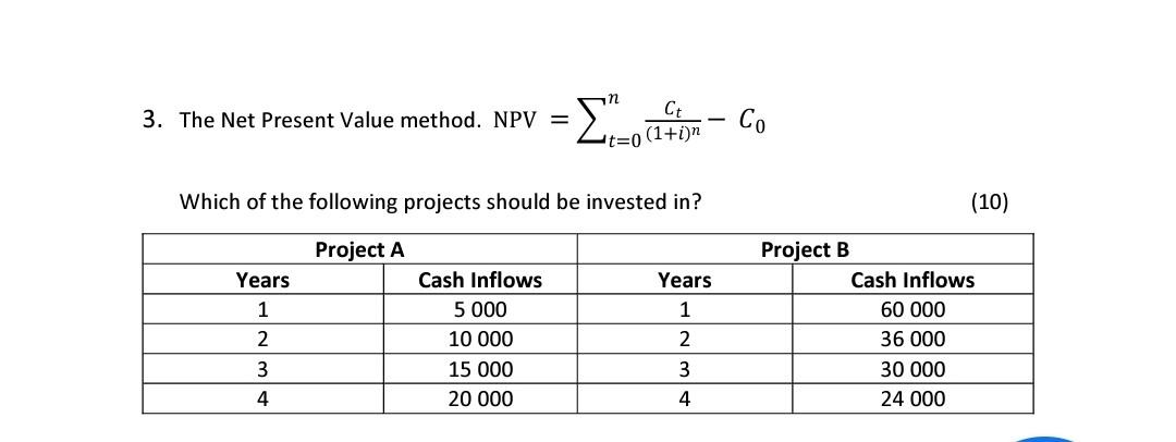 Solved in Ct 3. The Net Present Value method. NPV = (1+i)n | Chegg.com