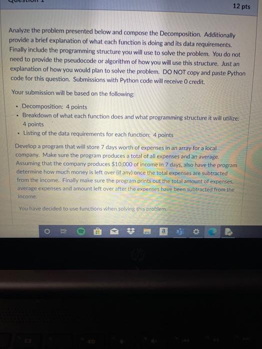 Solved 12 pts Analyze the problem presented below and | Chegg.com