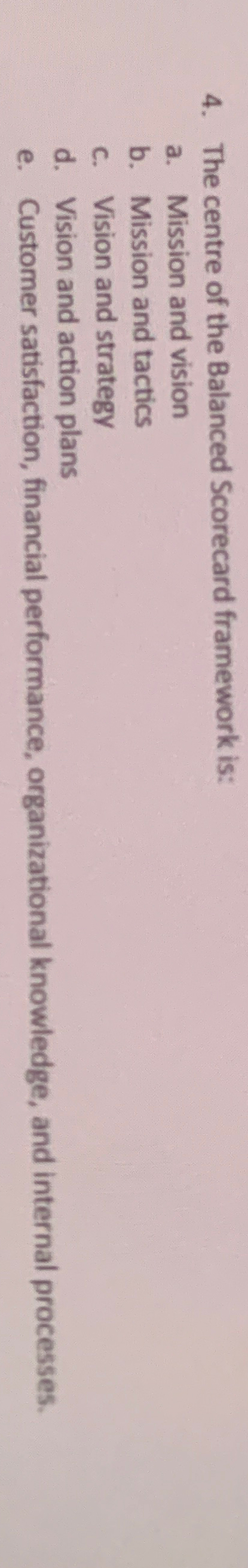 Solved The centre of the Balanced Scorecard framework is:a. | Chegg.com