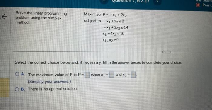Solved Solve the linear programming Maximize P=−x1+2x2 | Chegg.com