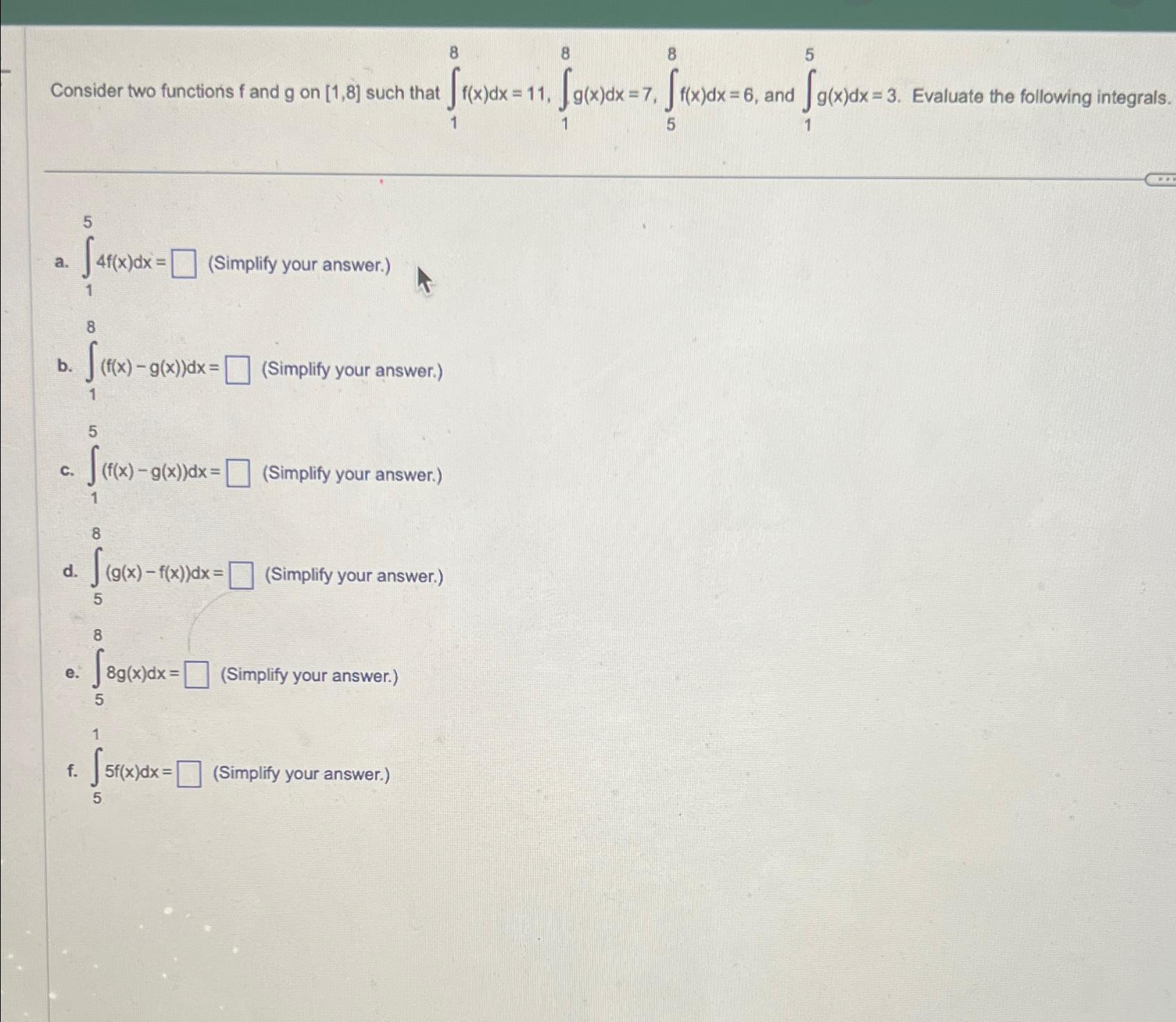 Solved Consider two functions f ﻿and g ﻿on 1,8 ﻿such that | Chegg.com