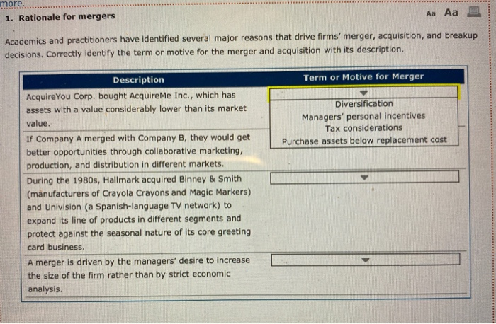 Solved more. 1. Rationale for mergers Aa Aa Academics and | Chegg.com