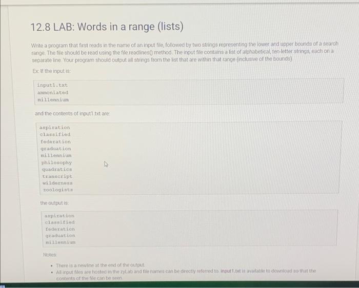 Solved 12 8 LAB Words In A Range lists Write A Program Chegg