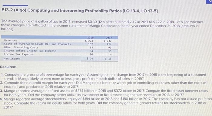 Solved E13-2 (Algo) Computing and Interpreting Profitability | Chegg.com