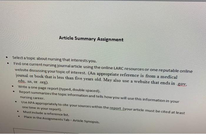 Article Summary Assignment . Select a topic about | Chegg.com