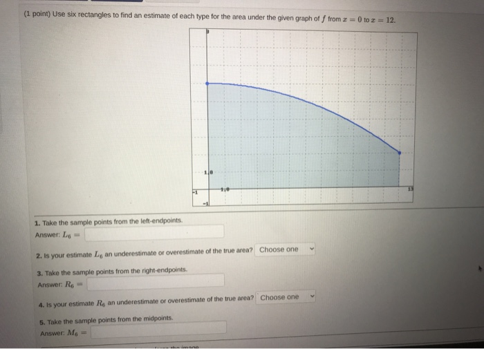 Solved (1 point) Use six rectangles to find an estimate of | Chegg.com