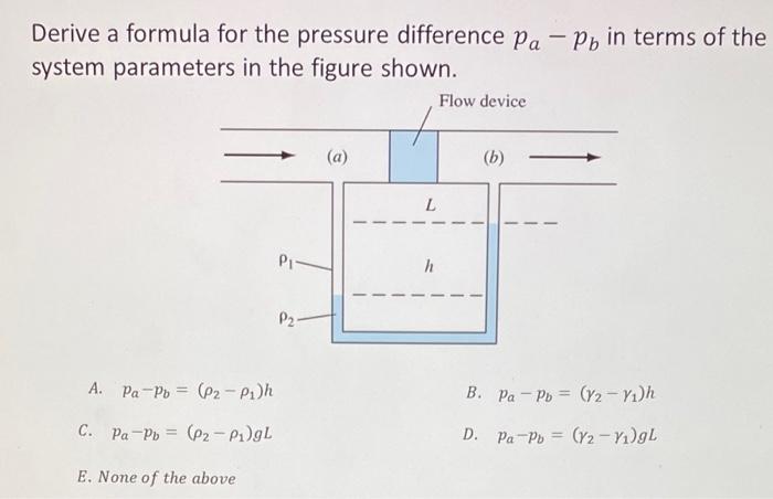 Solved Derive a formula for the pressure difference Pa - Pb | Chegg.com