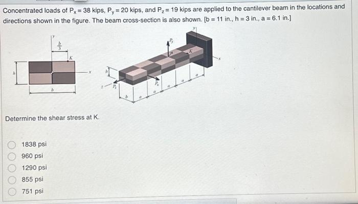 Solved Concentrated loads of Px=38 kips, Py=20 kips, and | Chegg.com