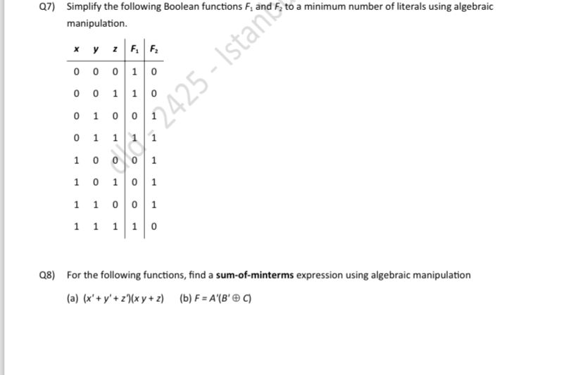 Solved by an EXPERT Q7F_(1) ﻿and F_(2) ﻿to a minimum number of literals | Chegg.com