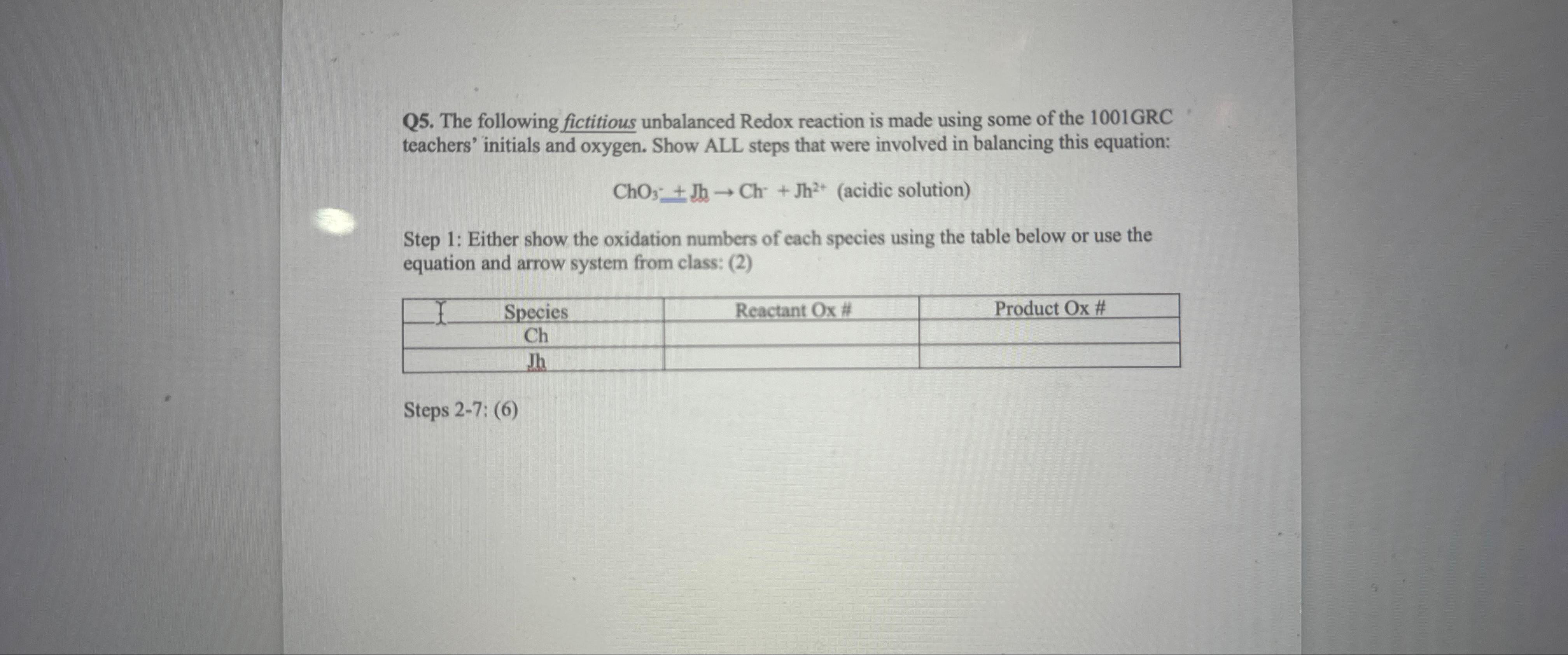 Solved Q5. ﻿The following fictitious unbalanced Redox | Chegg.com