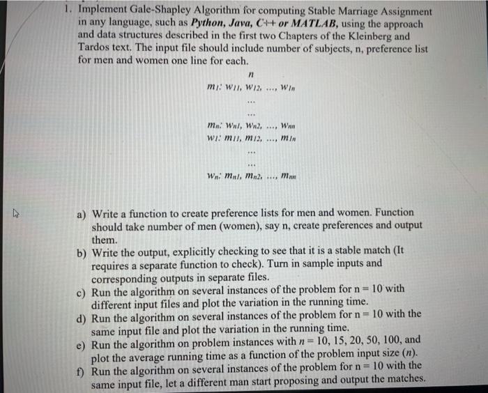 Solved 1 Implement Gale Shapley Algorithm For Computing