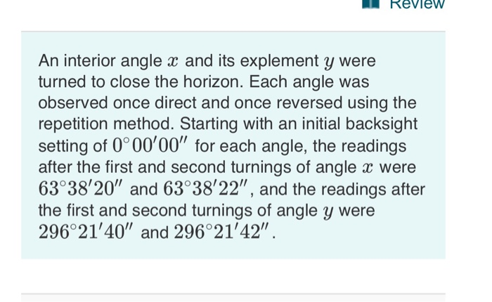 Solved Review An interior angle x and its explement y were | Chegg.com