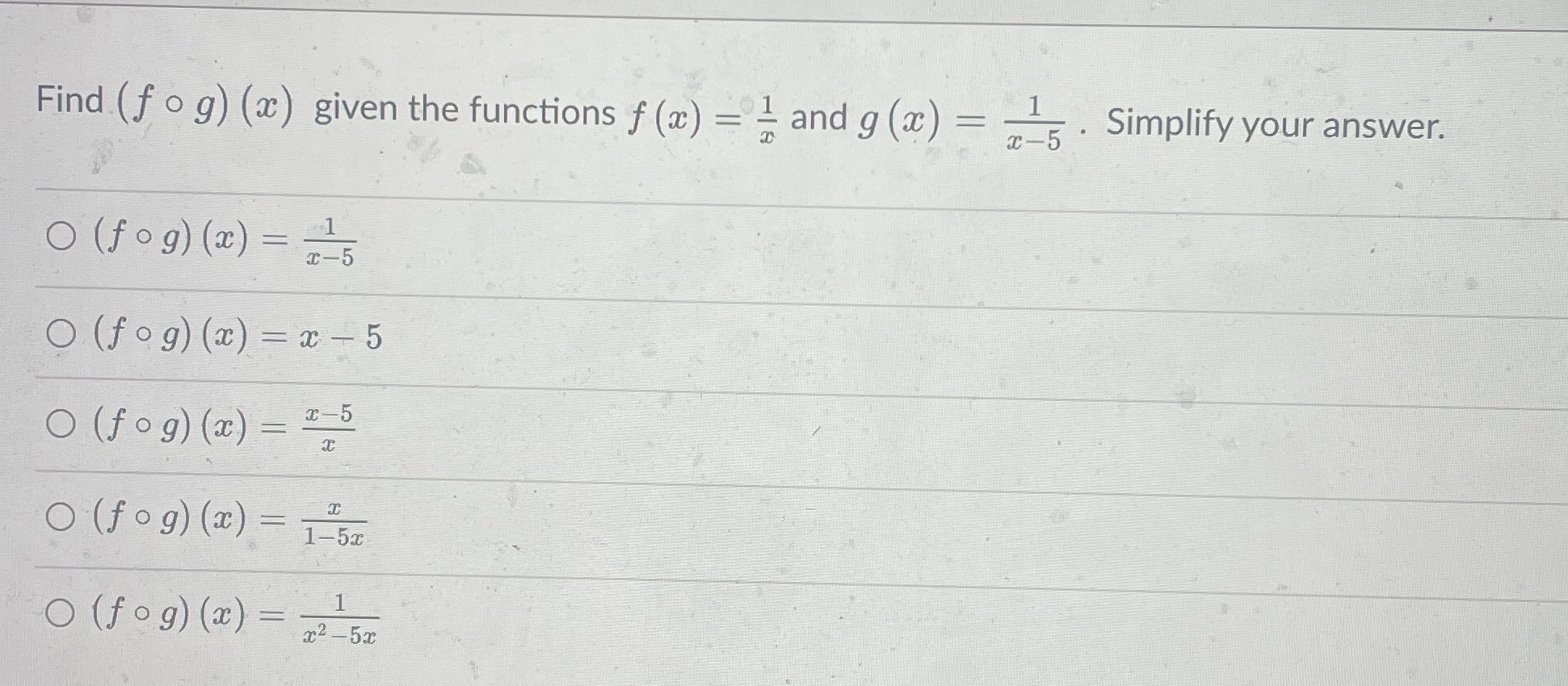 Solved Find (f@g)(x) ﻿given the functions f(x)=1x ﻿and | Chegg.com