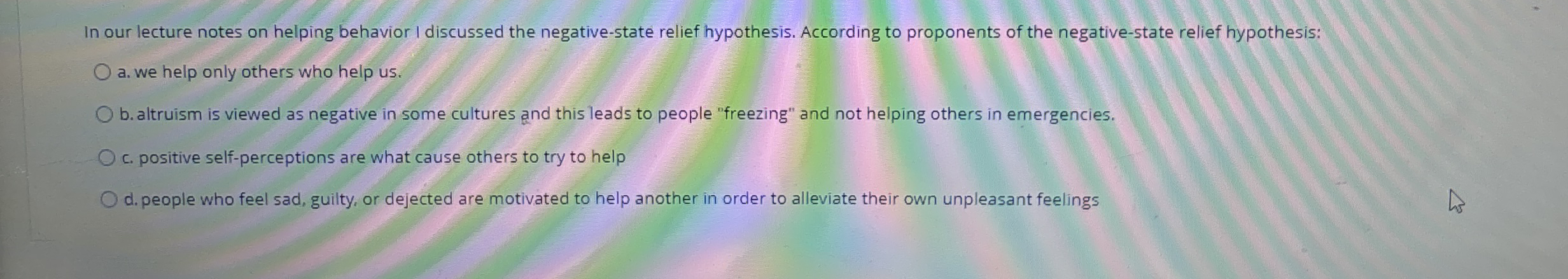 Solved In our lecture notes on helping behavior I discussed | Chegg.com