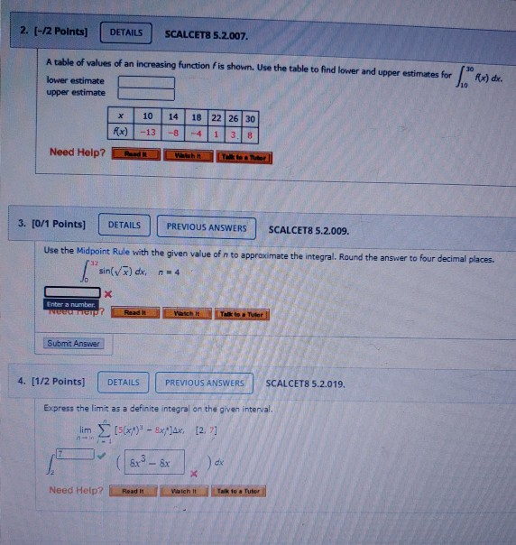 Solved 2. (-/2 Points] DETAILS SCALCET8 5.2.007. A table of | Chegg.com