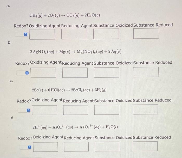 Solved CH4(g)+2O2(g)→CO2(g)+2H2O(g) Redox? Oxidizing | Chegg.com