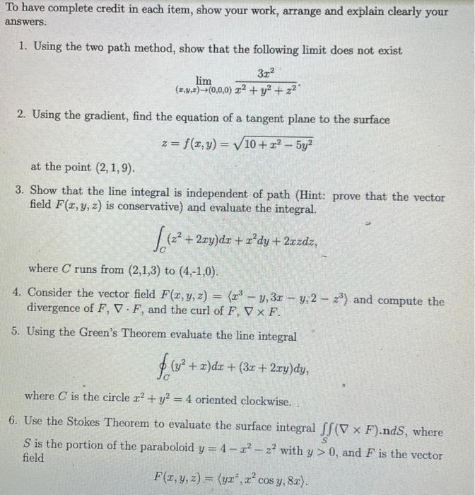 Solved To have complete credit in each item, show your work, | Chegg.com Solved To have complete credit in each item, show your work, | Chegg.com