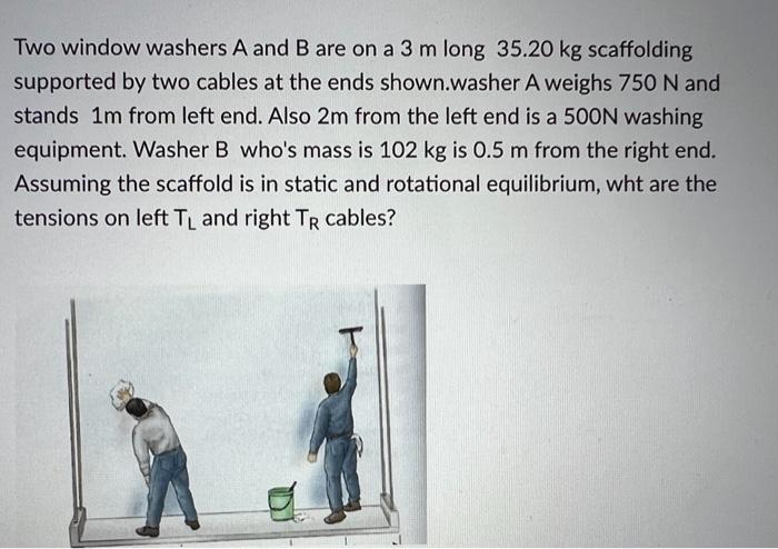 Solved Two window washers A and B are on a 3 m long 35.20 kg | Chegg.com