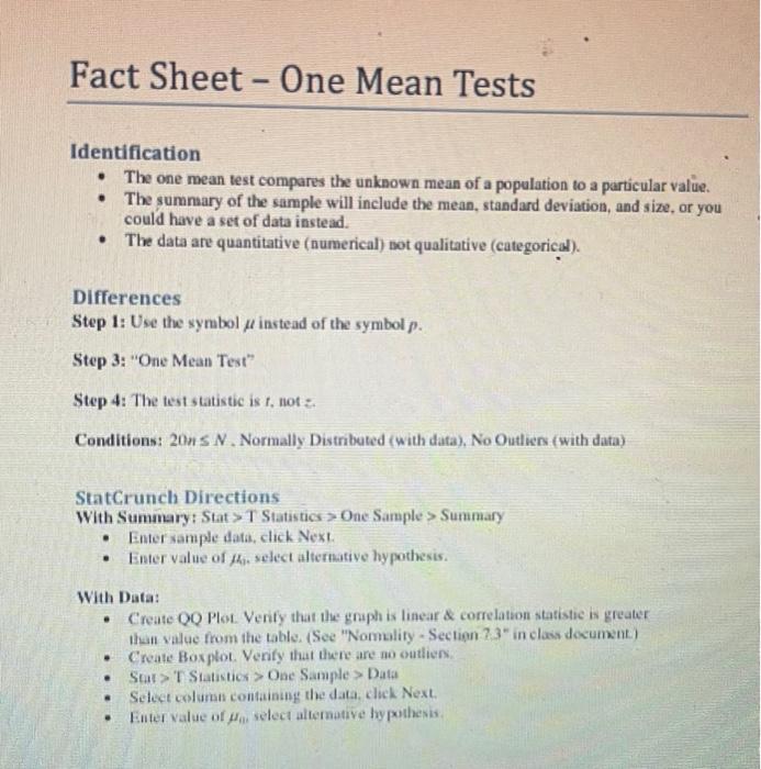Solved Fact Sheet - One Mean Tests Identification • The one | Chegg.com