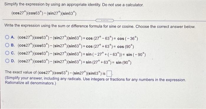 Solved Simplify the expression by using an appropriate | Chegg.com