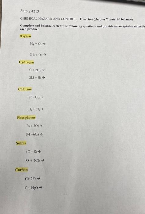 Solved Safety 4213 CHEMICAL HAZARD AND CONTROL Exercises | Chegg.com