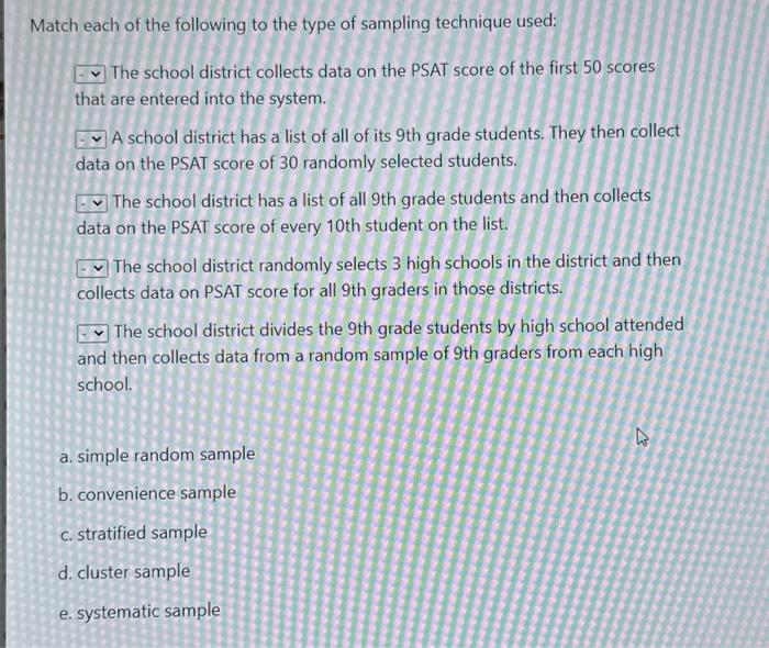Solved latch each of the following to the type of sampling | Chegg.com