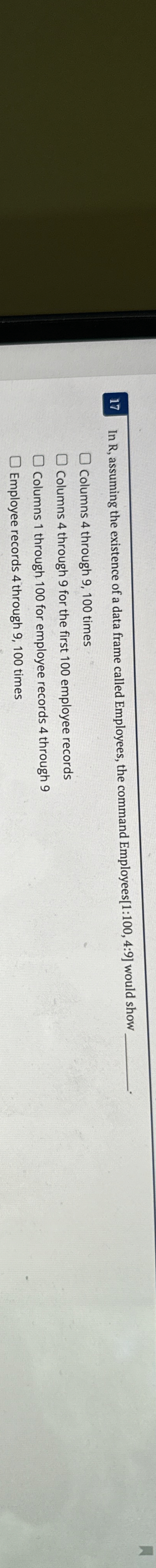 Solved 17 ﻿In R, ﻿assuming the existence of a data frame | Chegg.com