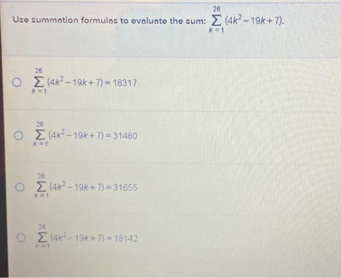 Solved Use summation formulas to evaluate the sum: | Chegg.com