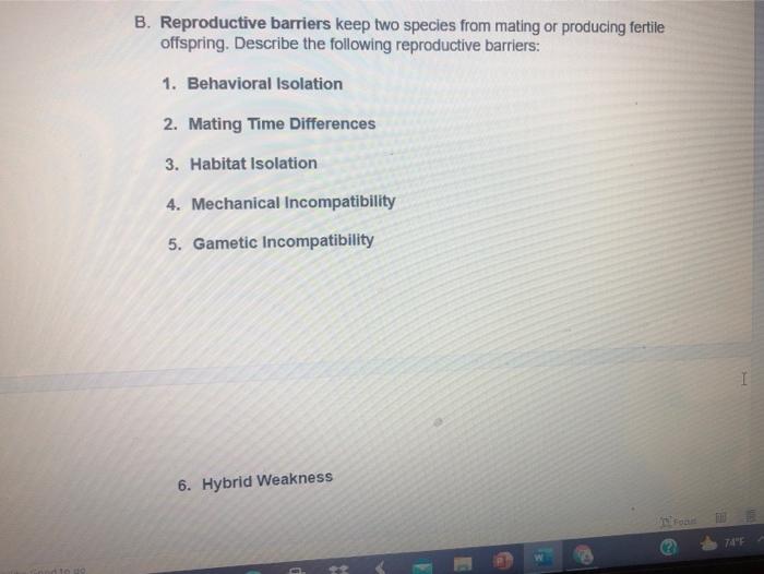 Solved B. Reproductive barriers keep two species from mating | Chegg.com