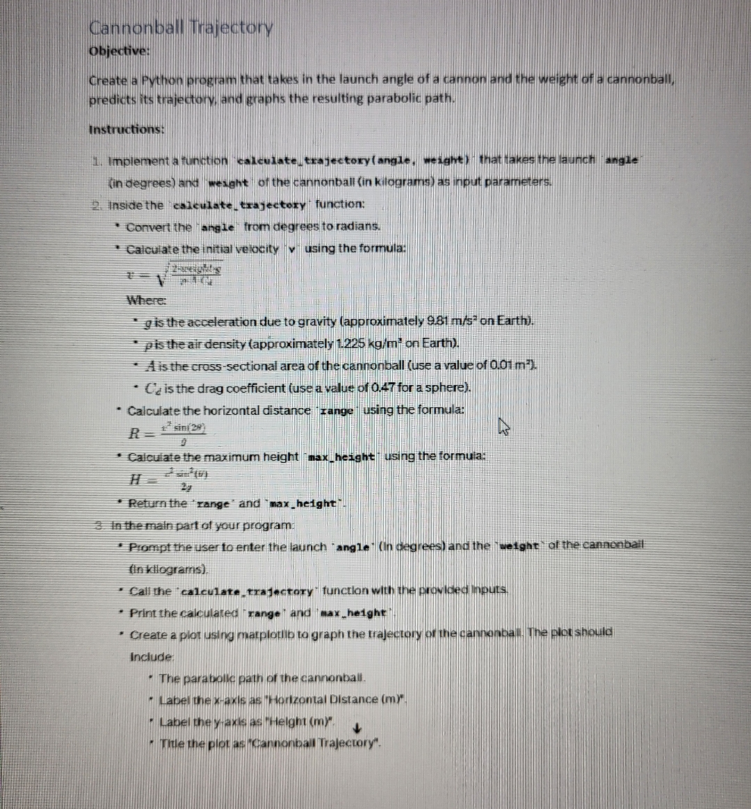 Solved Cannonball TrajectoryObjective:Create a Python | Chegg.com