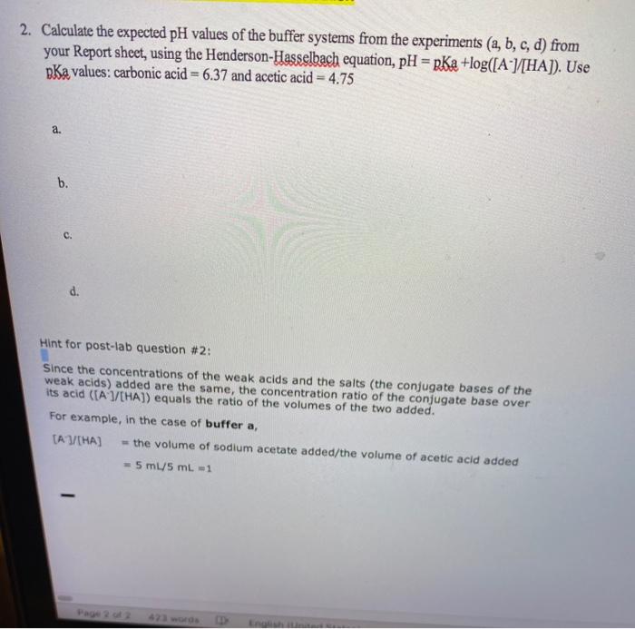 Solved 2. Calculate the expected pH values of the buffer | Chegg.com