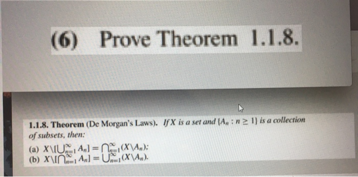 Solved (6) Prove Theorem 1.1.8. 1.1.8. Theorem (De Morgan's | Chegg.com