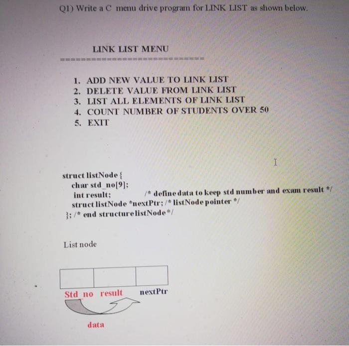 Solved Q1) Write a C menu drive program for LINK LIST as | Chegg.com