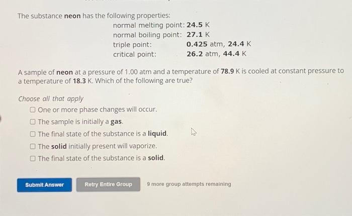 Solved The substance neon has the following properties: A | Chegg.com