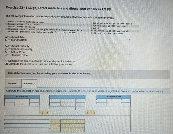 Solved Exercise 23-15 (Algo) Direct materlals and direct | Chegg.com