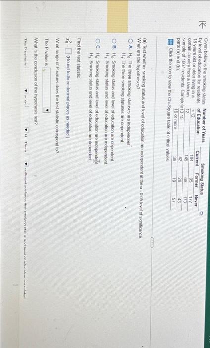 Solved (a) Test whether smoking status and level of | Chegg.com